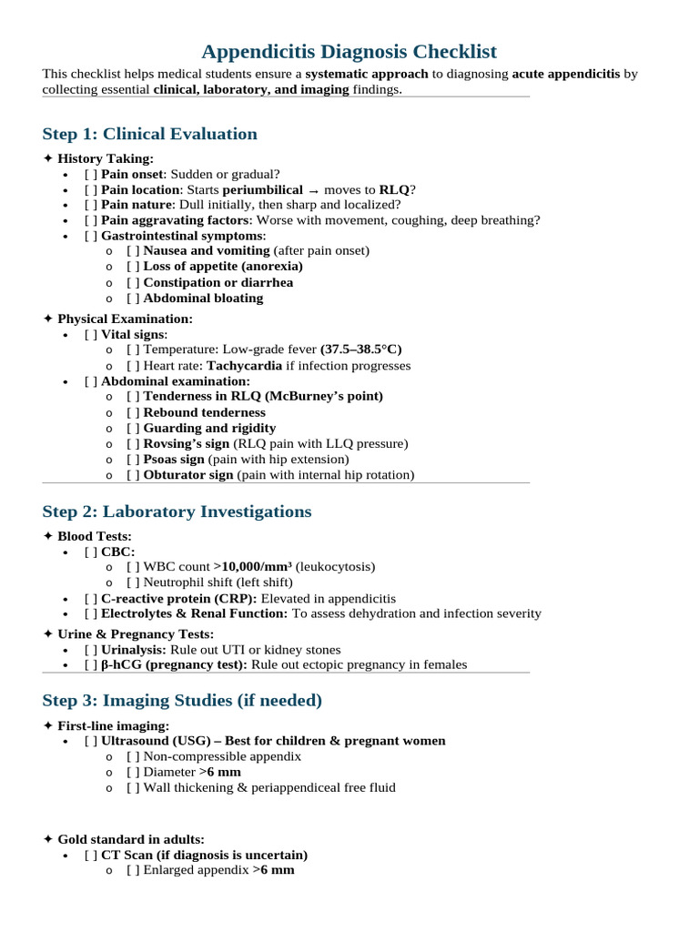 Appendicitis Diagnosis Checklist Guide | PDF | Diseases And Disorders ...
