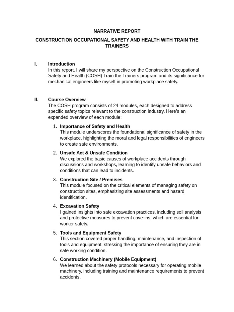 Narrative Report Cosh Training | PDF | Occupational Safety And Health | Safety