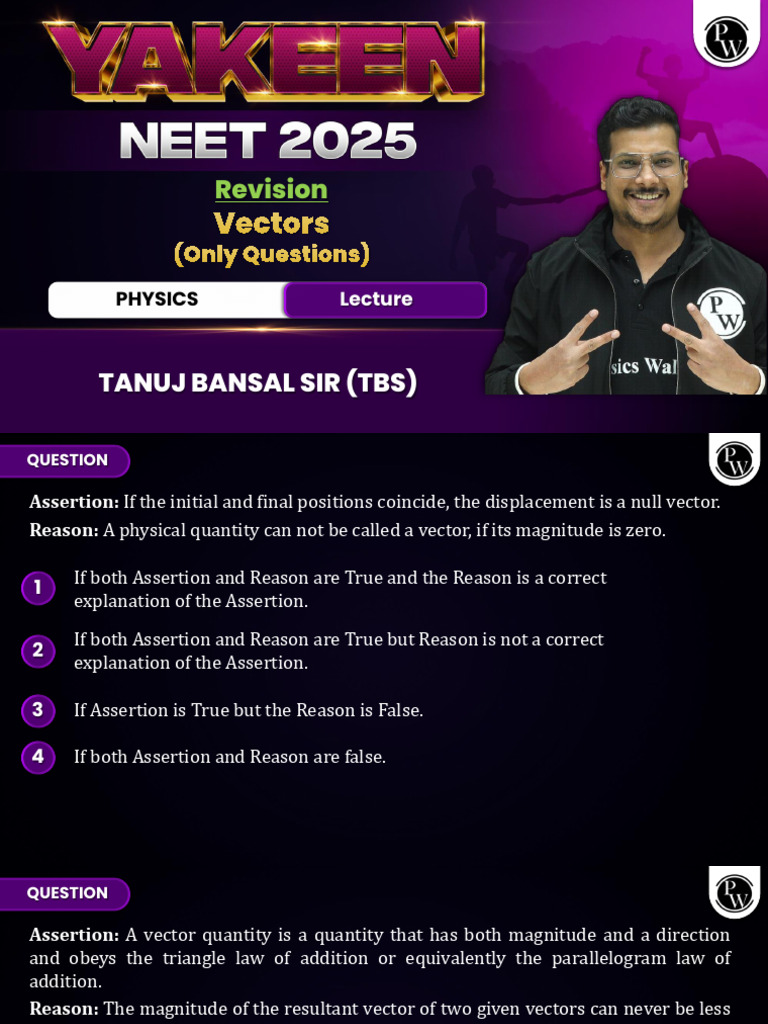 Only Questions Blank PDF Revision Lec Vectors Phy YAKEEN NEET 2025 | PDF | Euclidean Vector | Angle