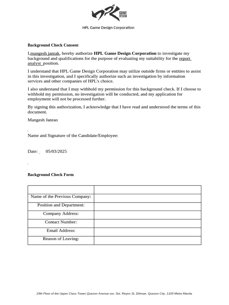 HPL Background Check Consent Form | PDF