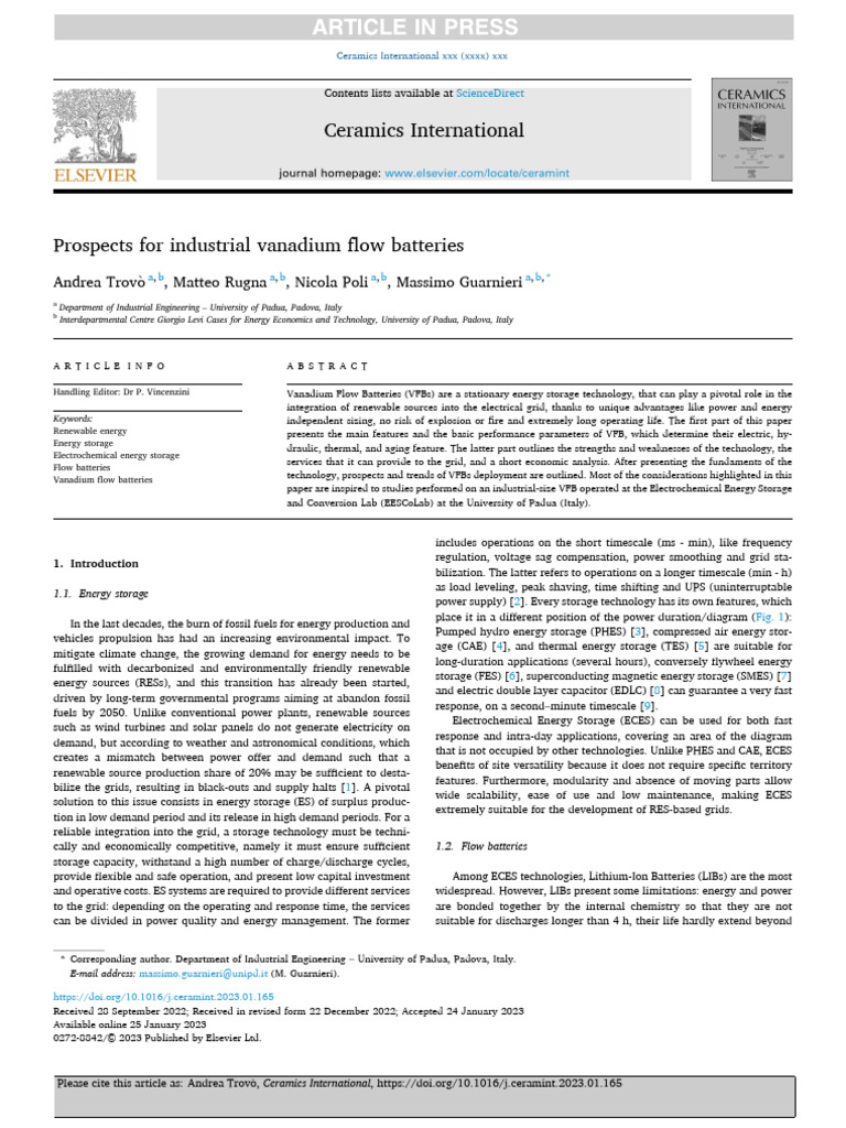 Industrial Prospects of Vanadium Flow Batteries | PDF | Energy Storage ...