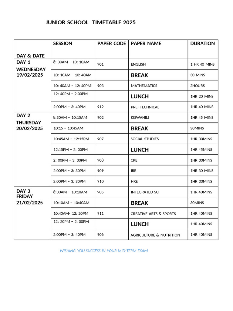 Junior School Mid-Term Exam Timetable 2025 | PDF