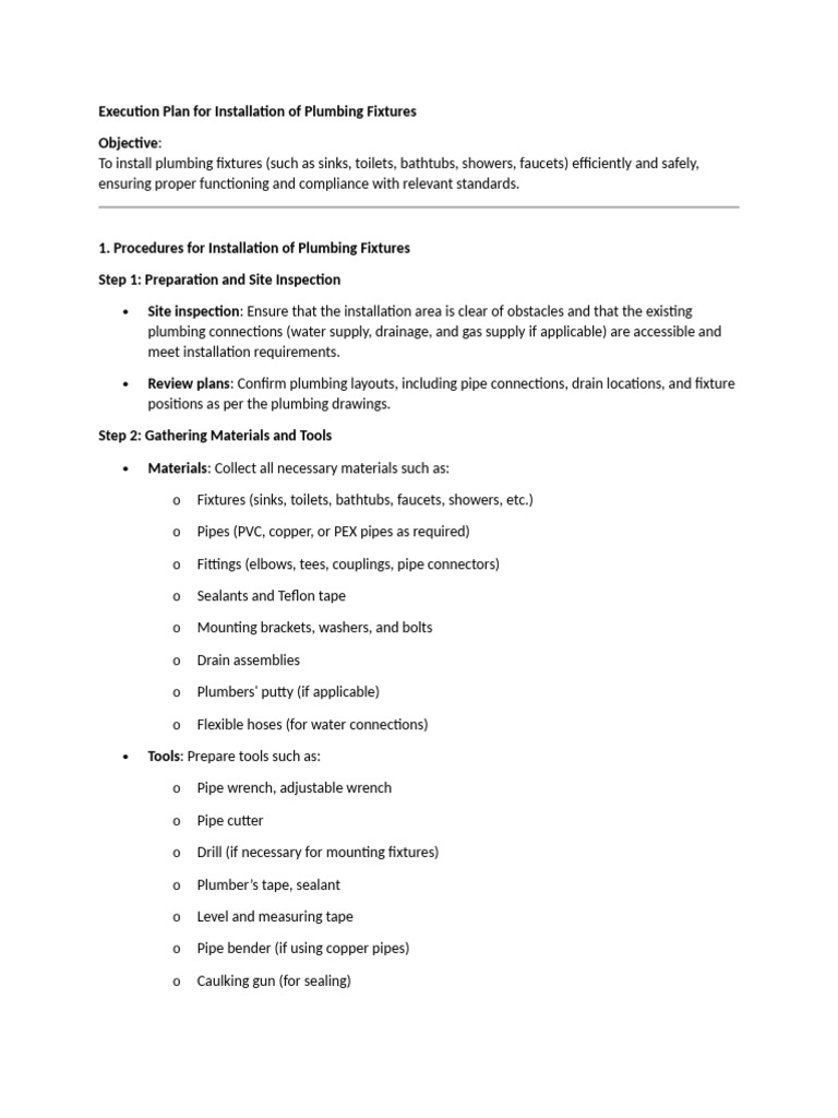 Execution Plan For Installation Of Plumbing Fixtures Pdf Plumbing