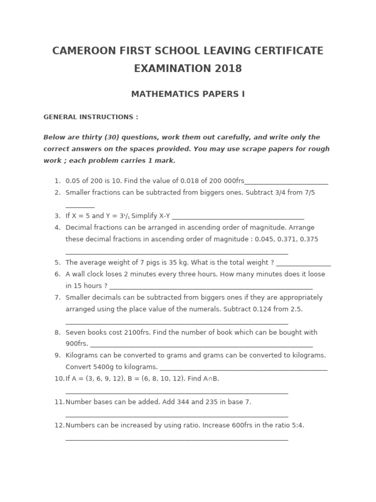 Mathematics I FSLC Examination 2018 | PDF | Numbers | Elementary ...
