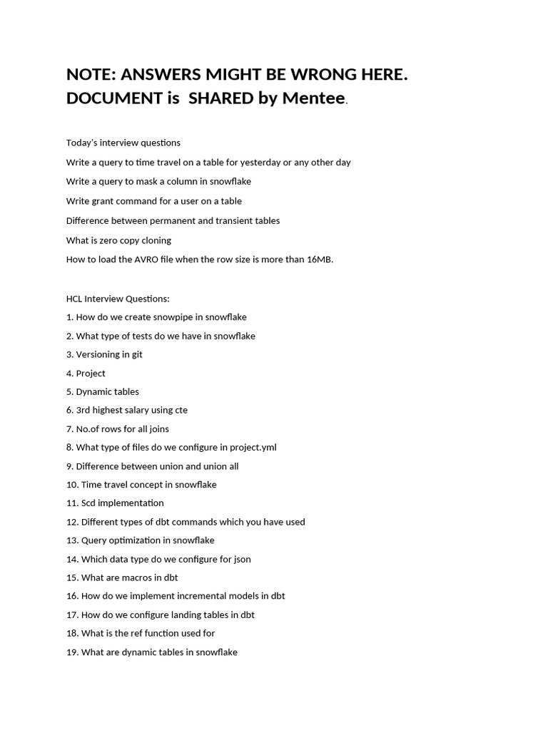 000_Company Interview Qns | PDF | No Sql | Databases