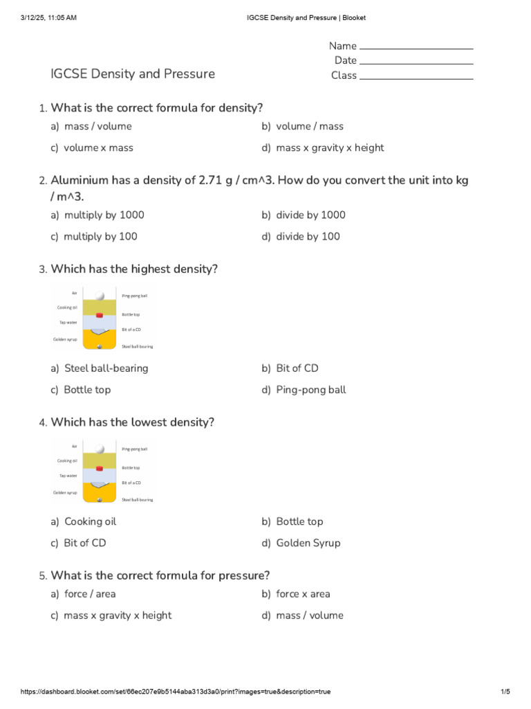 IGCSE Density and Pressure - Blooket | PDF | Temperature | Pressure