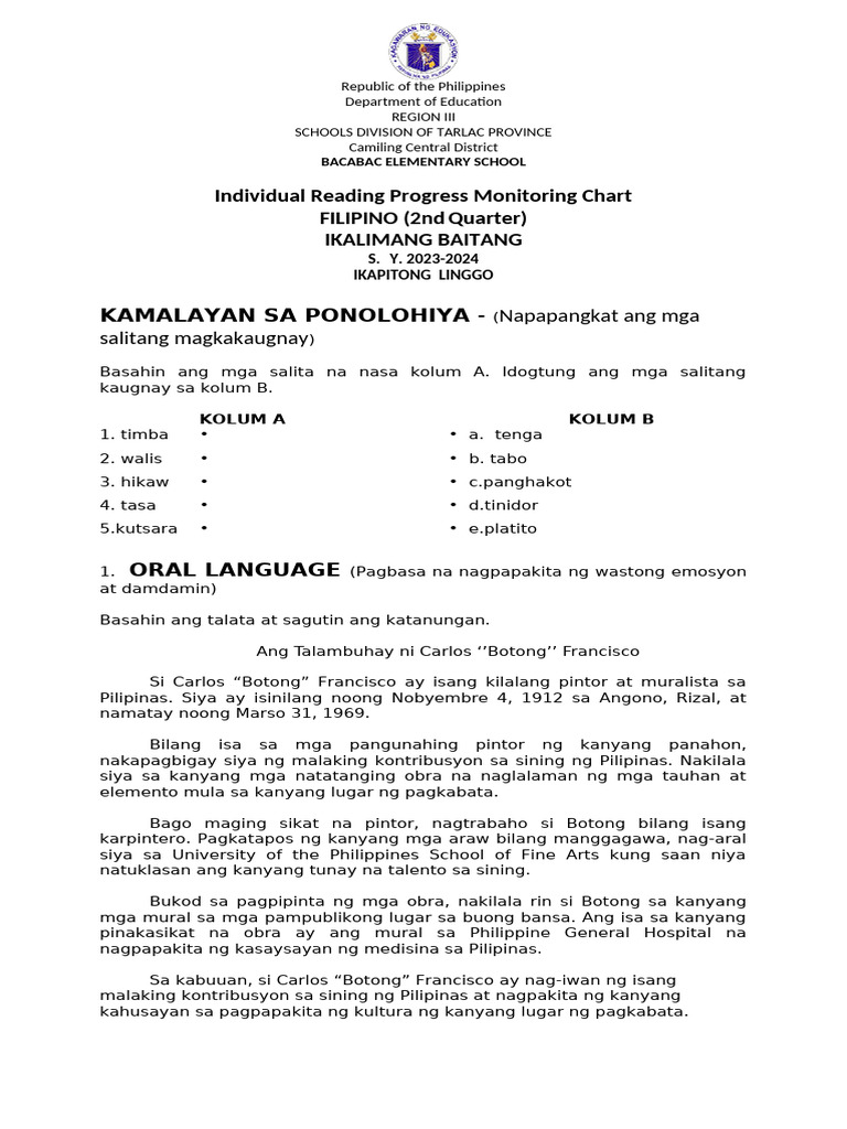 GRADE5 Individual Reading Progress Report FILIPINO 5 WEEK7 2ND QUARTER 2023 2024 | PDF