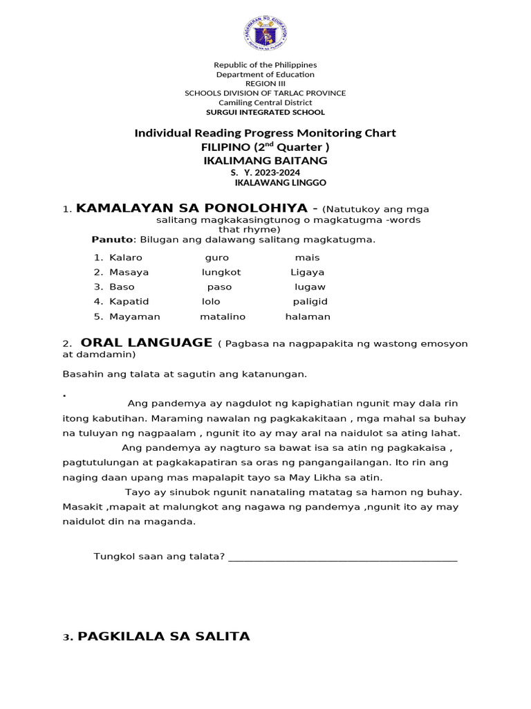 ading-Progress-Report-FILIPINO5-WEEK-2-2ND-QUARTER-2023 | PDF