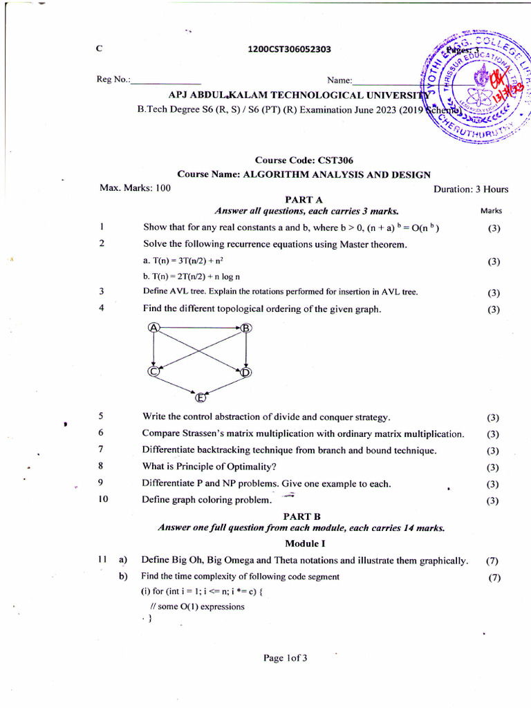 CST306 Algorithm Analysis and Design, June 2023 | PDF | Time Complexity | Matrix (Mathematics)