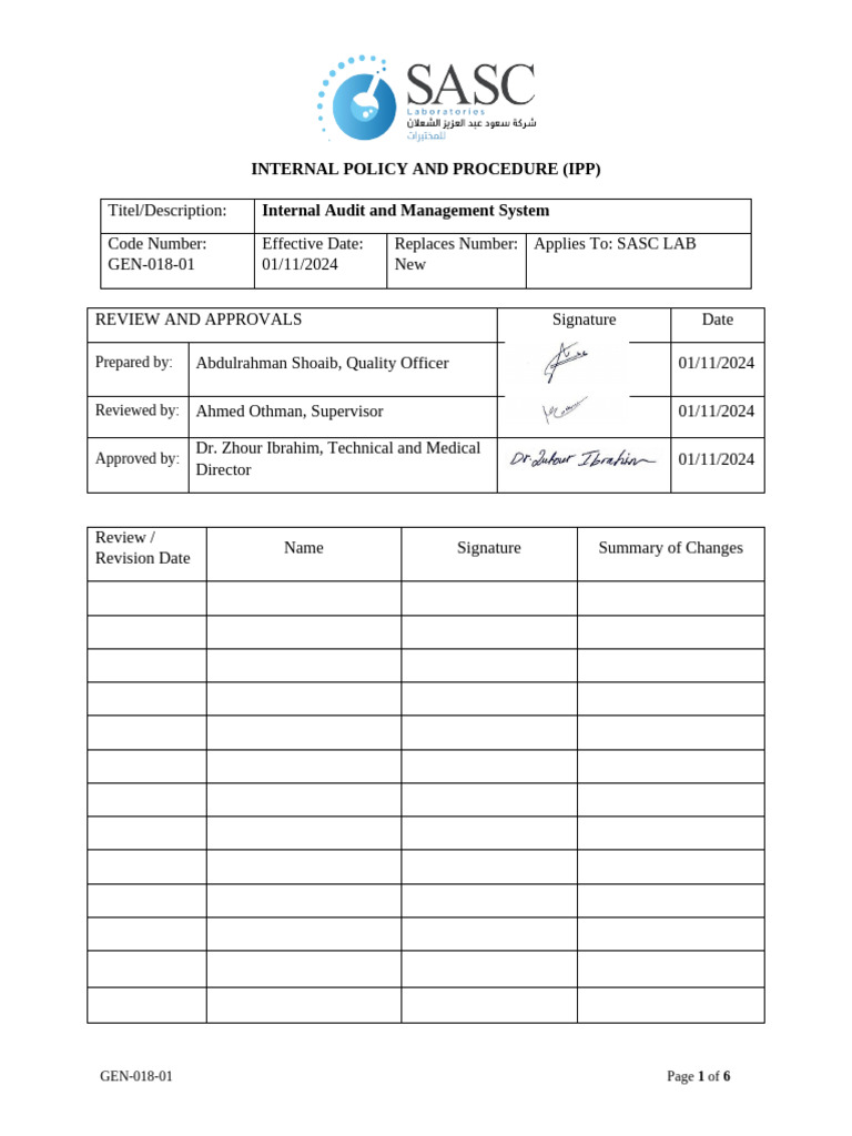 Internal Audit Procedure for SASC Lab | PDF | Audit | Laboratories