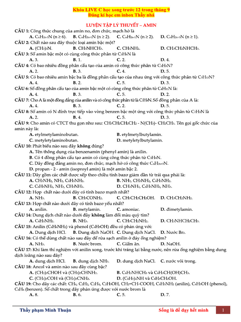 Chương 3 Amin Aminoaxit Peptit AM.lý thuyết Amin 1 đã chuyển đổi | PDF