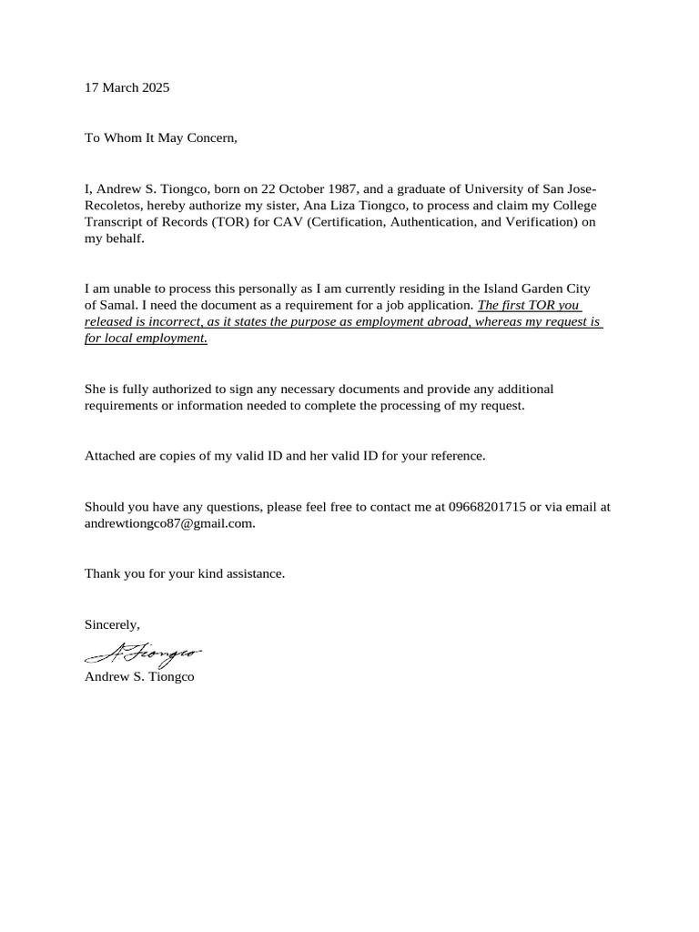 Authorization for College Transcript Claim | PDF