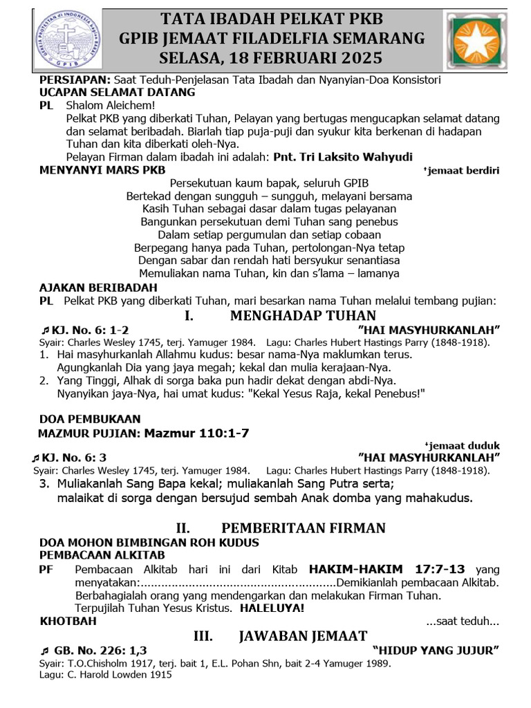 Tata Ibadah Pelkat PKB GPIB 2025 | PDF