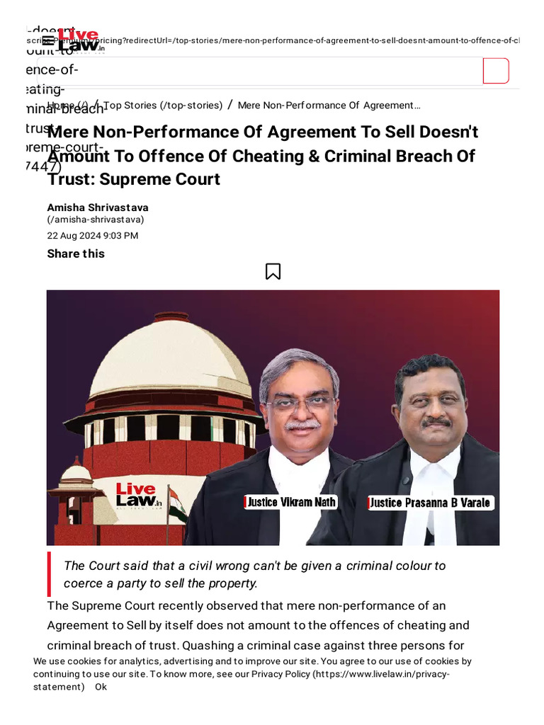 Supreme Court - Non-Performance of Sale Agreement Not An Offense of Cheating or Criminal Breach ...
