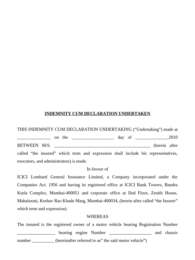Indemnity Cum Declaration Undertaken | PDF