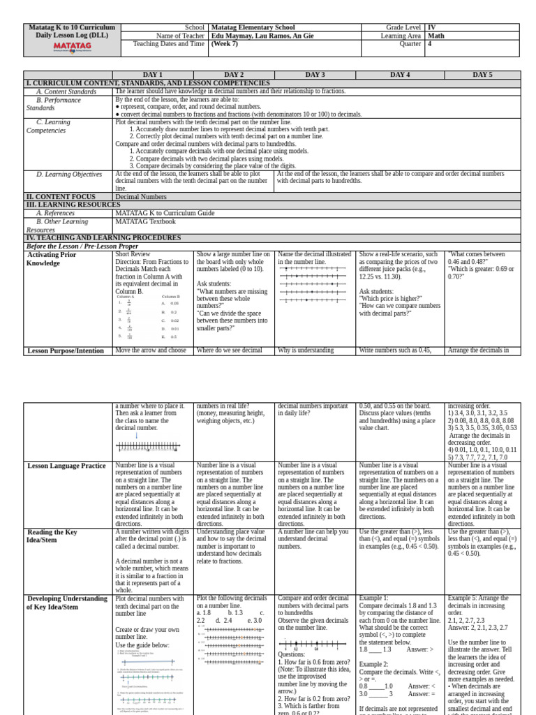 Q4 DLL Math4 Week7 Edumaymay | PDF | Numbers | Decimal