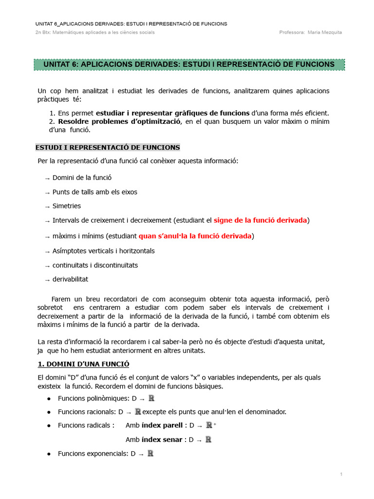 UNITAT 6_ APLICACIONS DERIVADES_ ESTUDI I REPRESENTACIÓ DE FUNCIONS | PDF