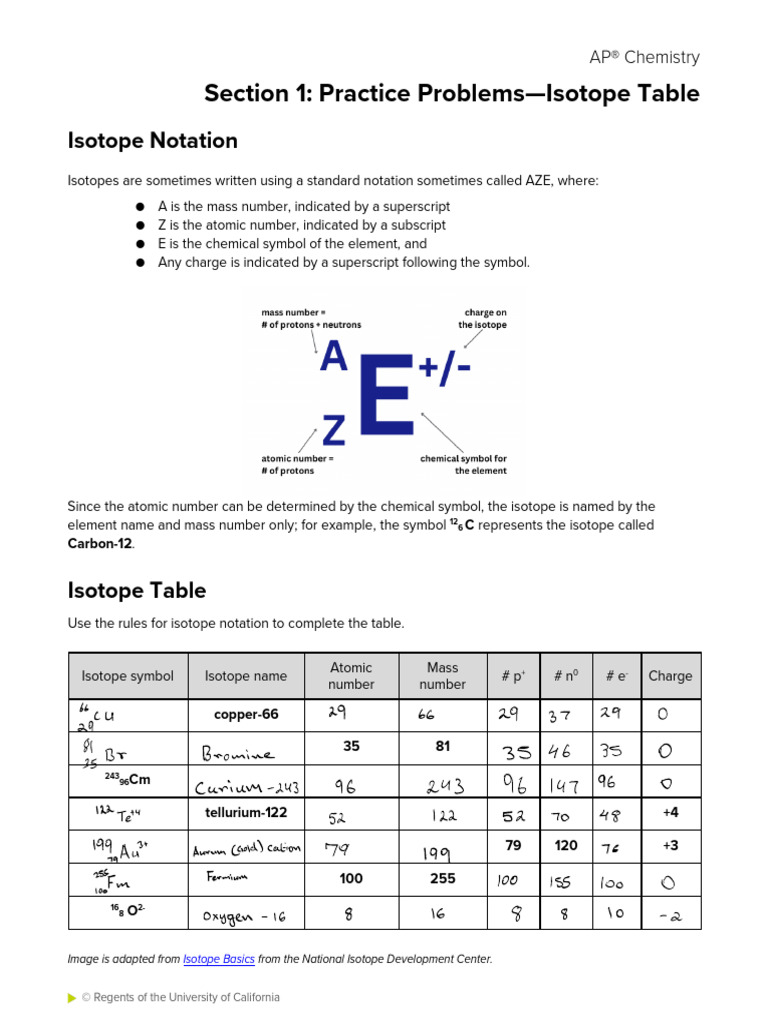Section 1 Practice Problems Isotope Table - Solved | PDF