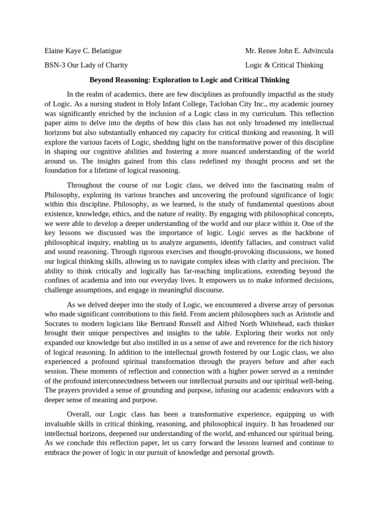 Reflection Paper Logic Critical Thinking | PDF | Critical Thinking | Logic