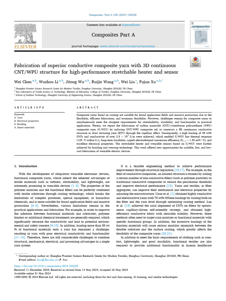 Fabrication of superior conductive composite yarn with 3D continuous ...