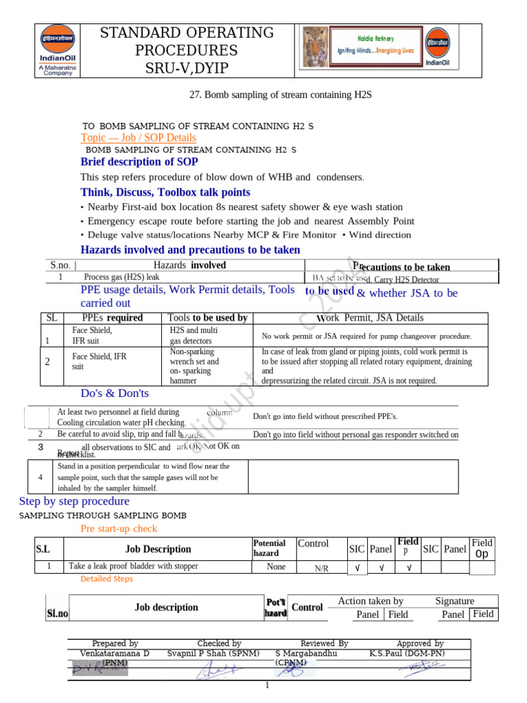 H2S Stream Bomb Sampling SOP | PDF | Valve | Safety