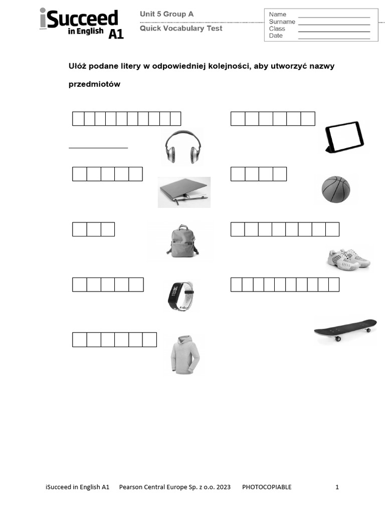 ISucceed - A1 Unit 5 Quick Test Vocabulary Group A | PDF