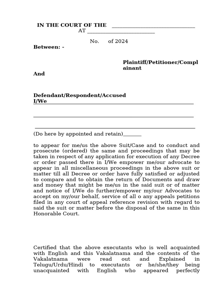 Vakalatnama Format for Court Proceedings | PDF