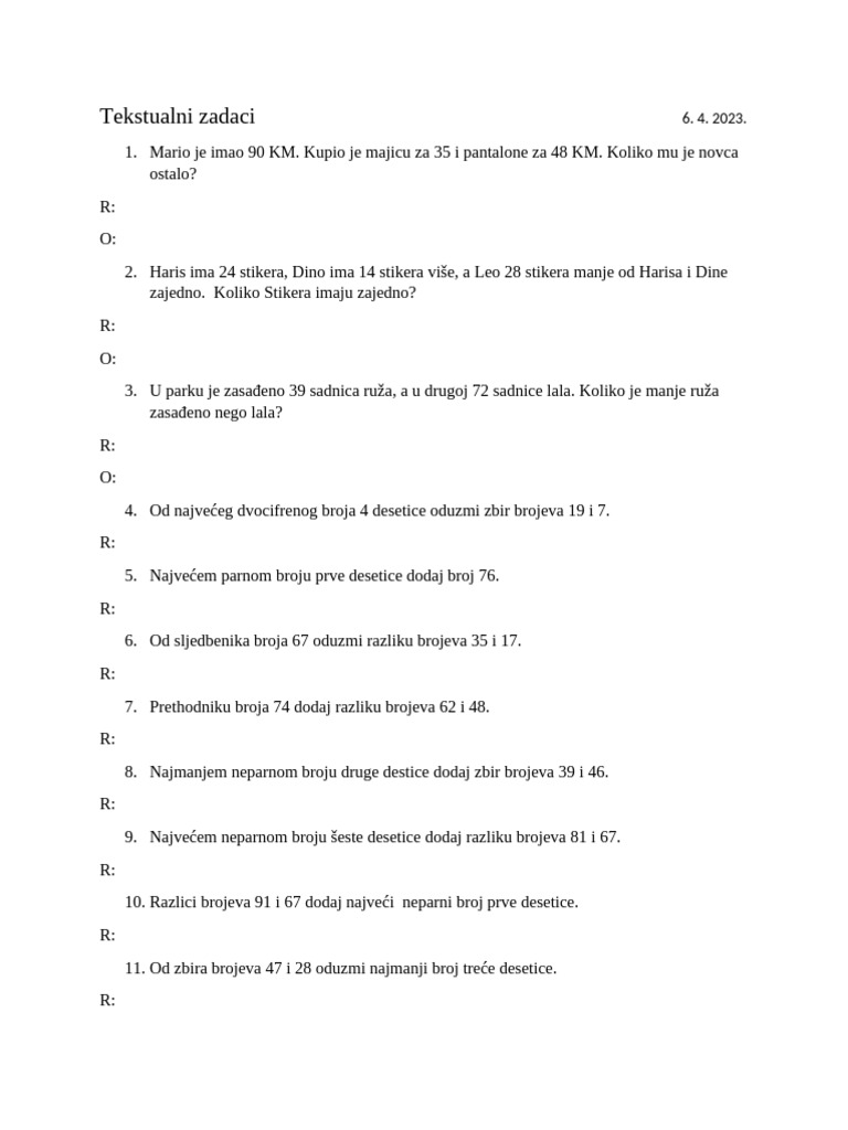 Tekstualni Zadaci Za Treći Razred-Sabiranje I Oduzimanje | PDF