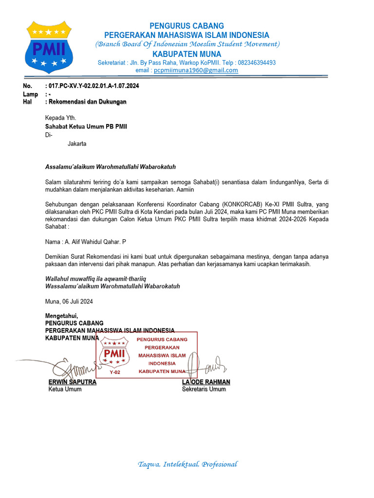 Surat Rekomendasi Pc Pmii Muna | PDF