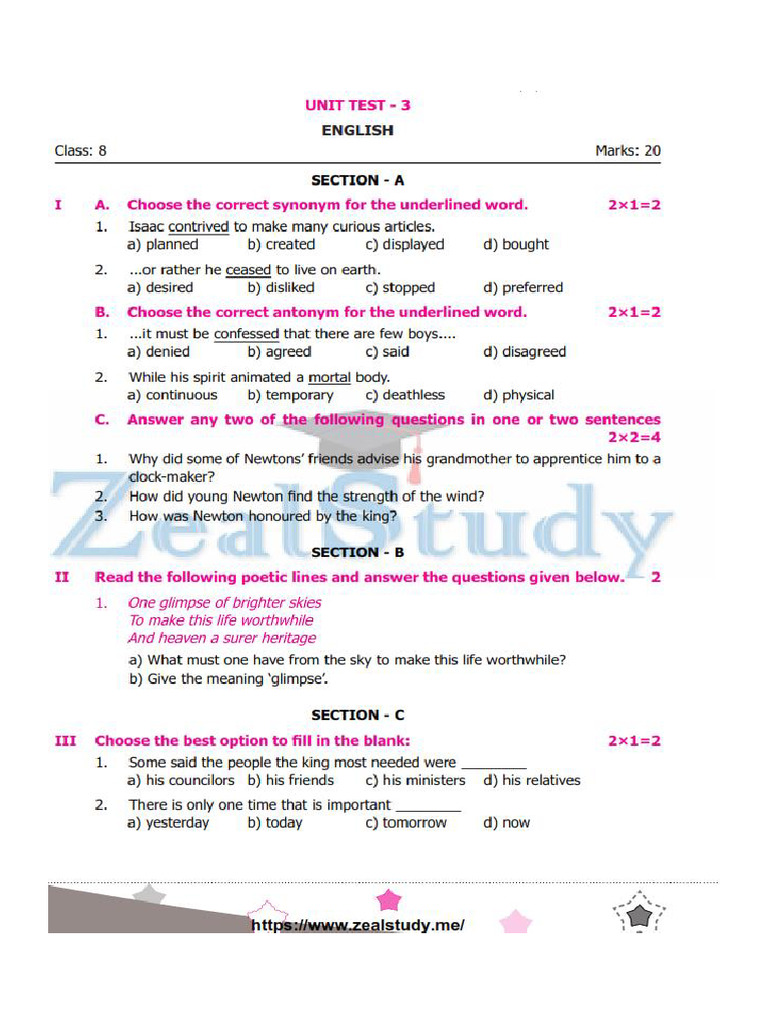 8th Standard English Unit Test QP - 3 | PDF