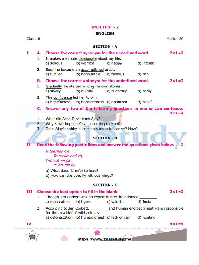 8th Standard English Unit Test QP - 2 | PDF