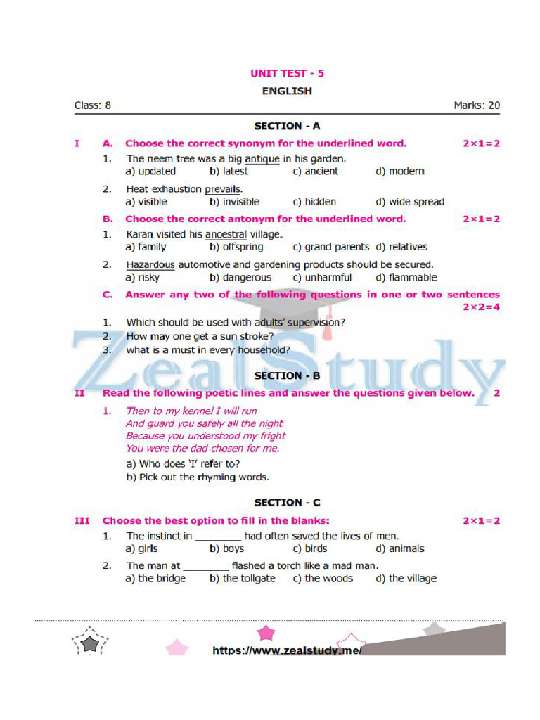 8th Standard English Unit Test QP - 5 | PDF
