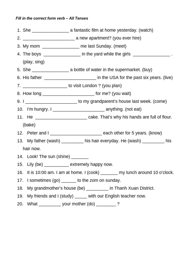 Fill in The Correct Form Verb | PDF