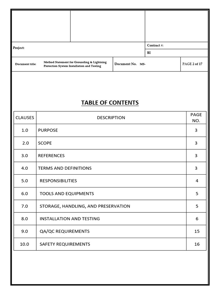 Method Statement For Grounding & Lightning Protection Installation and ...