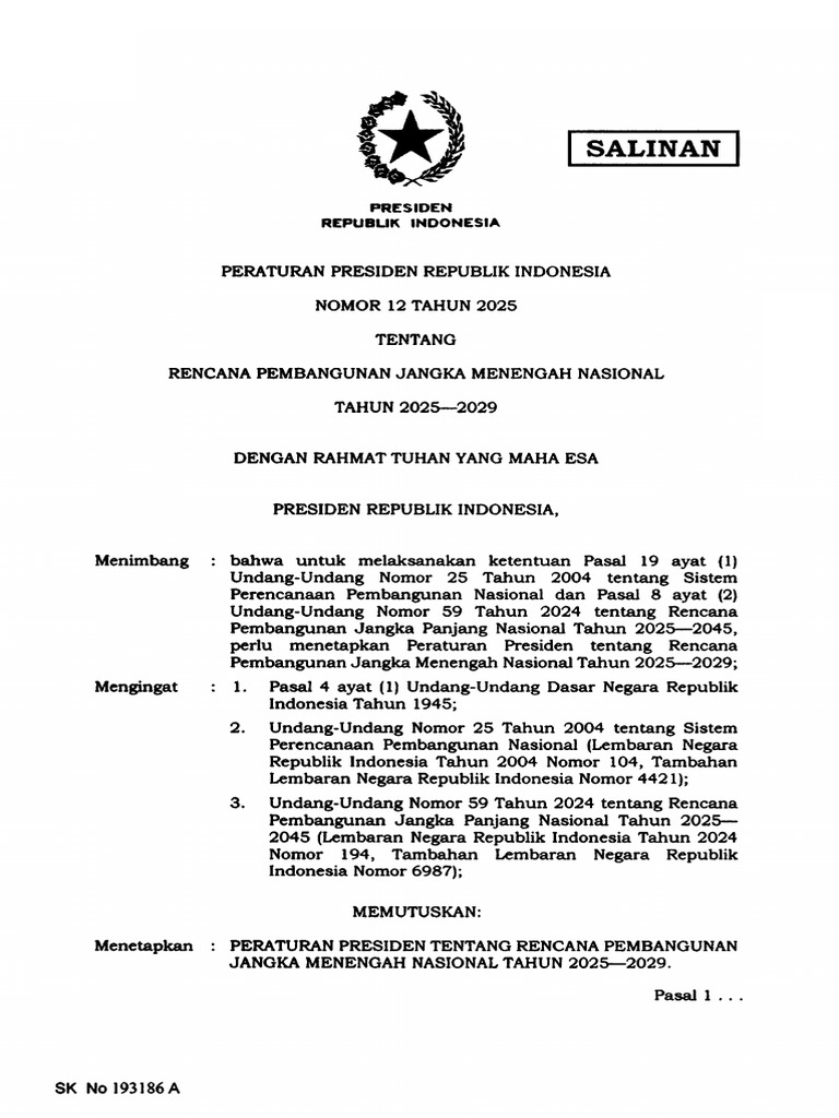 Perpres No 12 Tahun 2025 RPJMN 2025-2029 | PDF