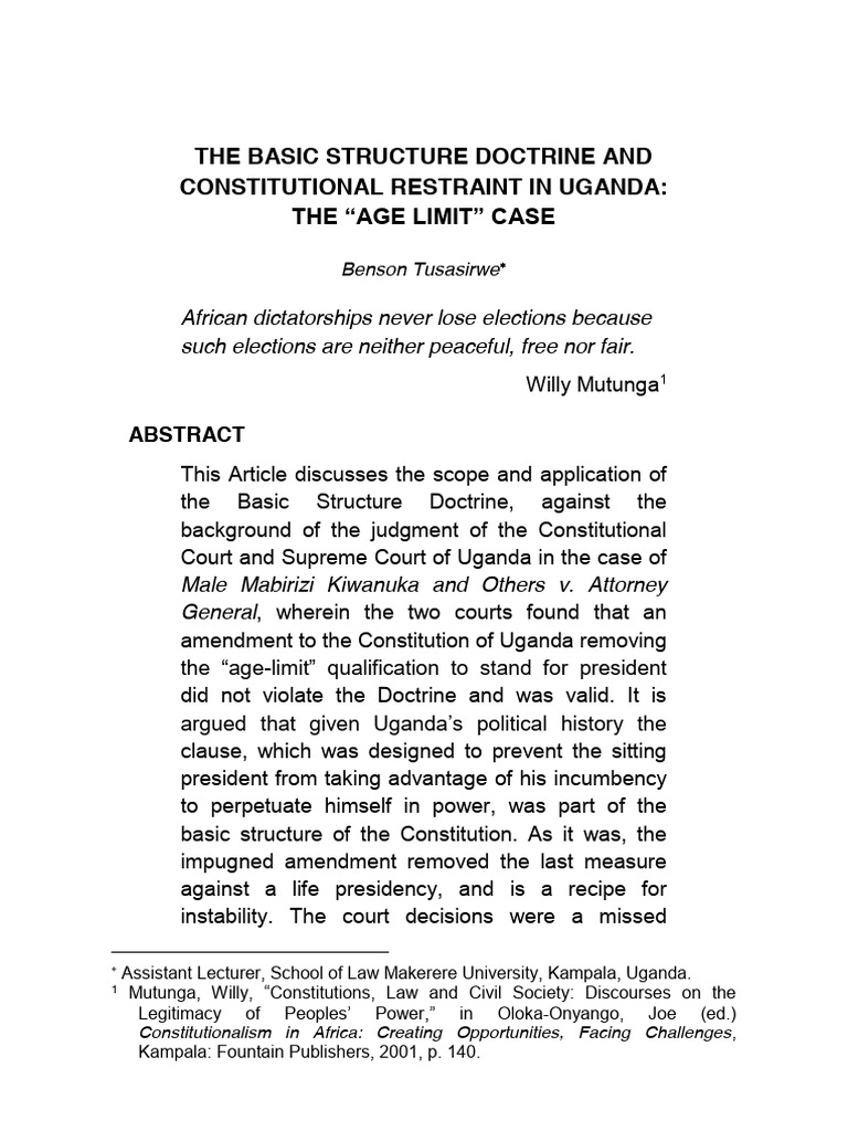 Benson, Tusasirwe The Basic Structure Doctrine and Constitutional Restraint Take Away From The ...
