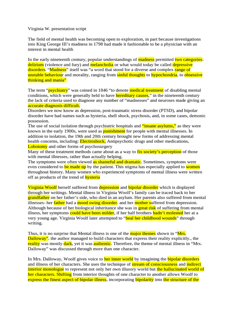 Mrs Dalloway Pres Script | PDF | Mental Disorder | Mrs Dalloway