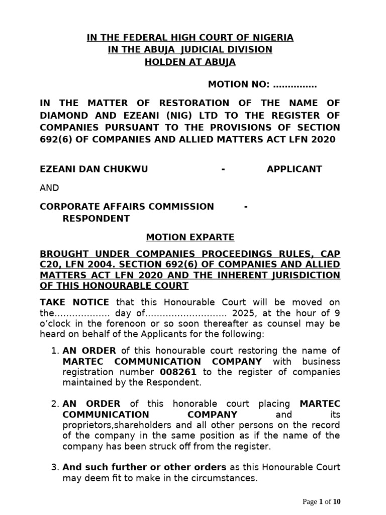 Motion To Relist A Struck Out Company | PDF | Affidavit | Justice