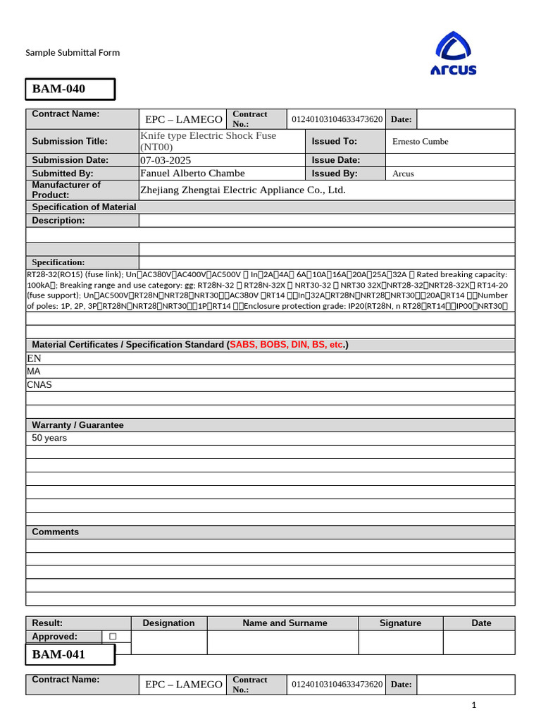 Sample LAM Submittal Form (40 -41) | PDF | Power (Physics) | Electric ...
