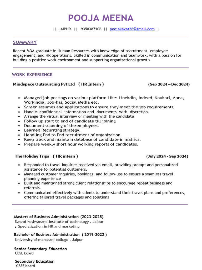 Pooja Meena Resume (1) (1) (1) | PDF | Recruitment | Business