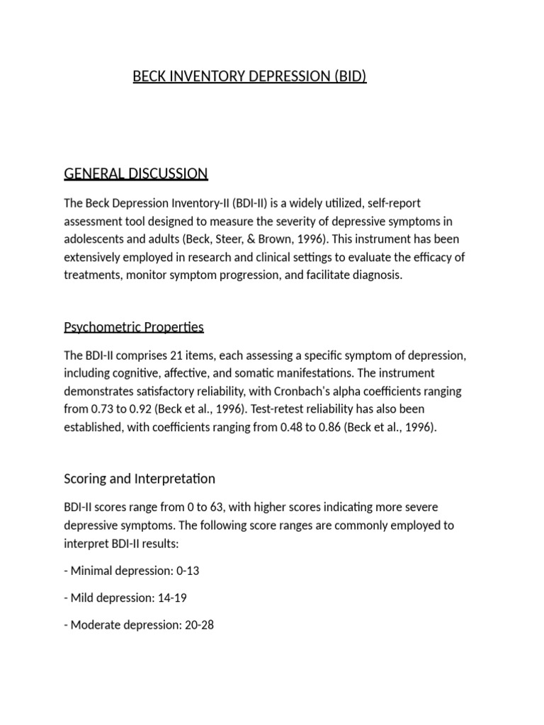 BDI-II Score Ranges and Interpretation | PDF