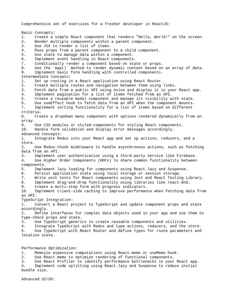 Comprehensive Set Of Exercises For React Js Pdf Systems Architecture Computing