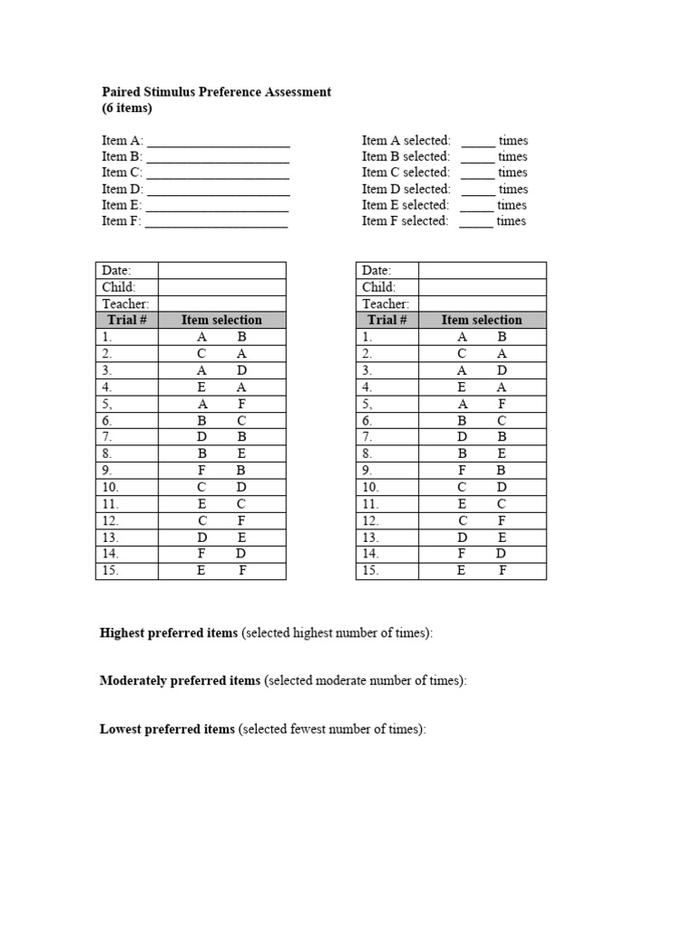 Paired Stimulus Preference Assessment | PDF