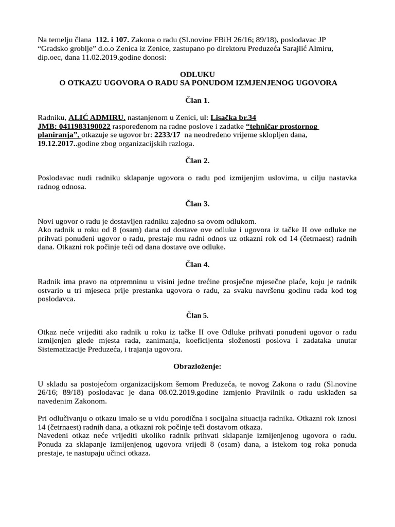 Odluka o Otkazu Uz Prijedlog Izmijenjenog Ugovora o radu-ALIĆ ADMIR | PDF