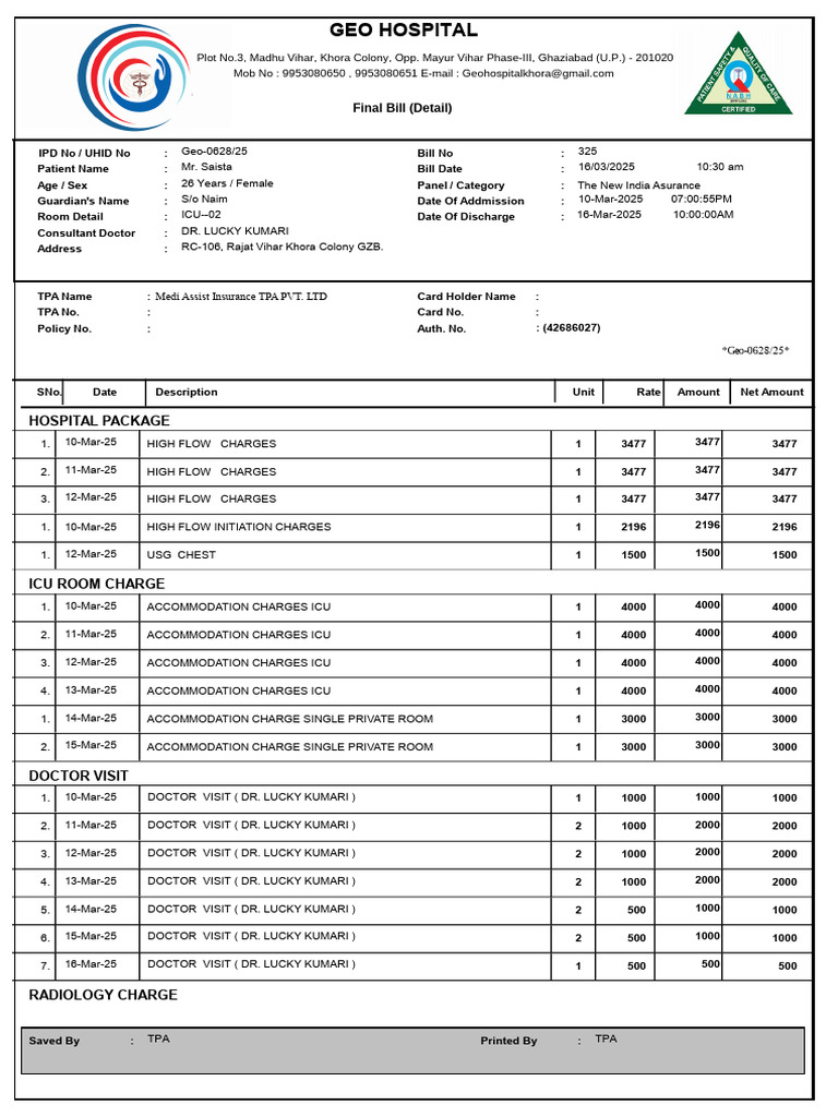 Final Discharge Bill PT Saista | PDF | Intravenous Therapy | C Reactive ...