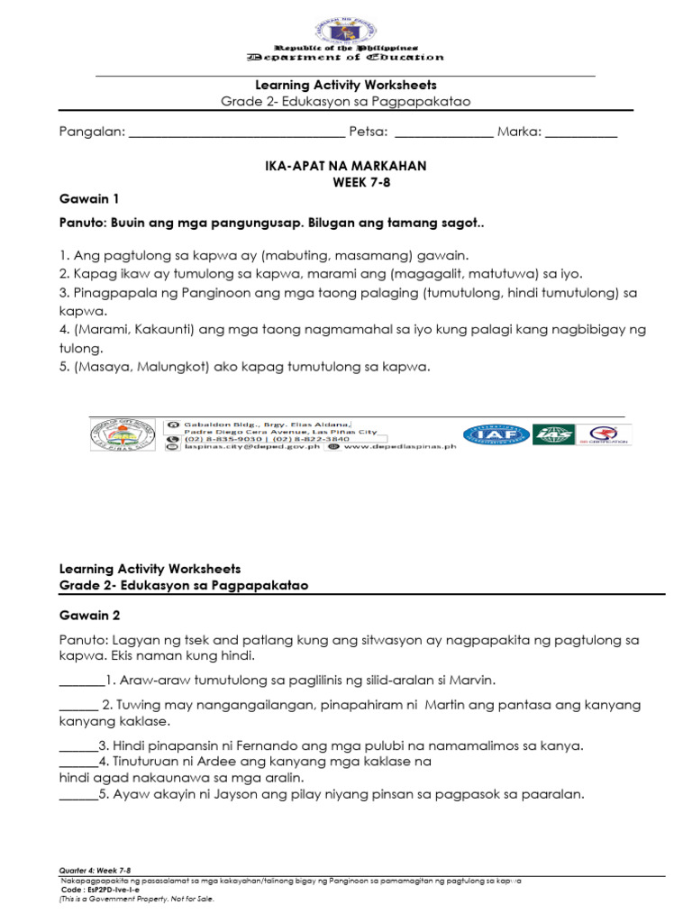 Learning Activity Worksheets: Department of Education | PDF