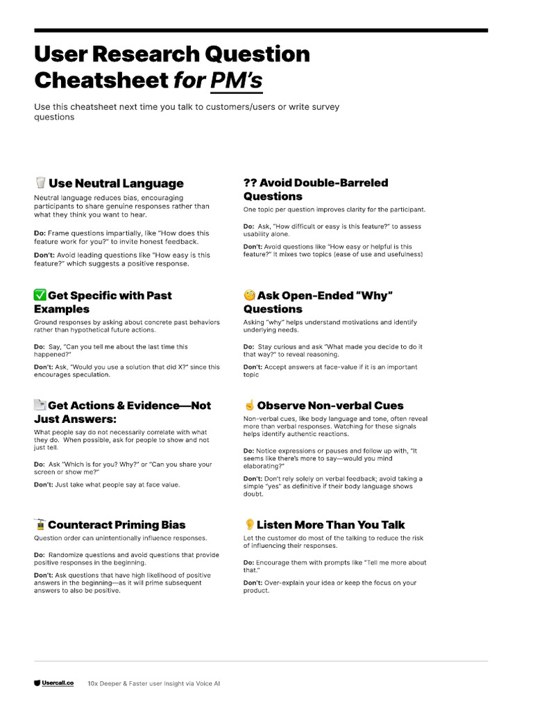 User Research Cheatsheet Pms | PDF | Usability | Communication
