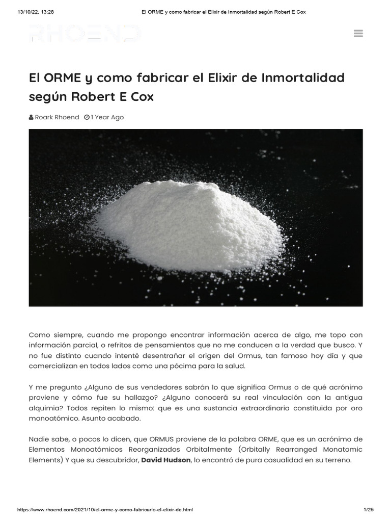 El ORME y Como Fabricar El Elixir de Inmortalidad Según Robert E Cox ...