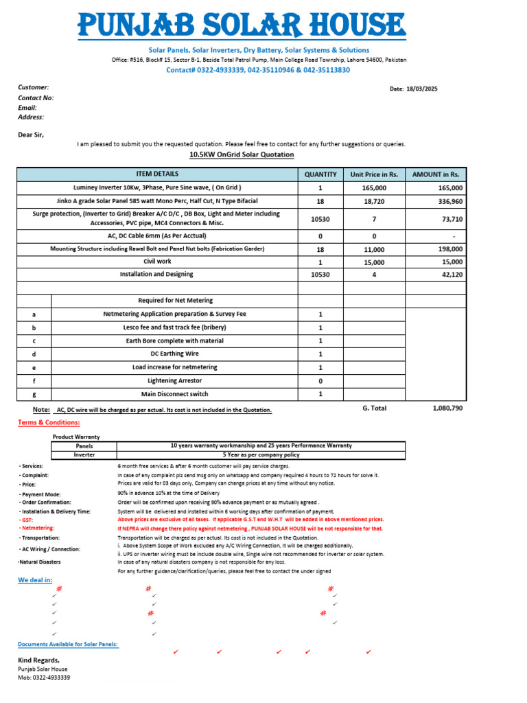 10.5kw Ongrid Quotation With Netmetering | PDF | Power Inverter ...