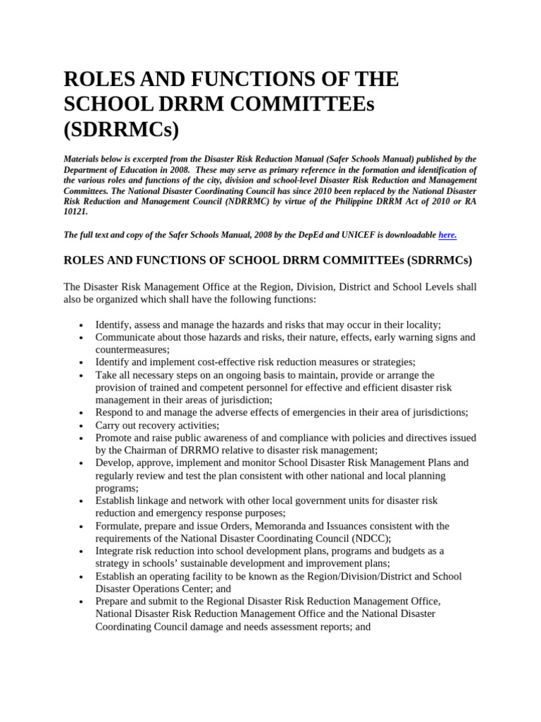 ROLES AND FUNCTIONS OF THE SCHOOL DRRM COMMITTEEs | PDF | Disaster Risk Reduction | Search And ...
